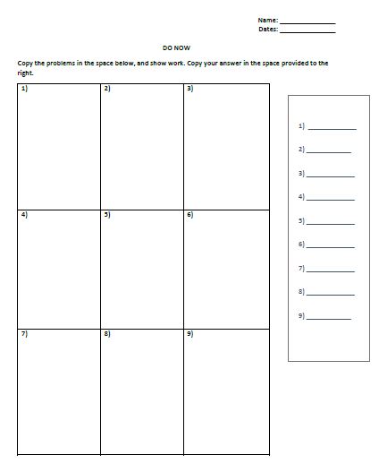 do now worksheet - RETHINK Math Teacher